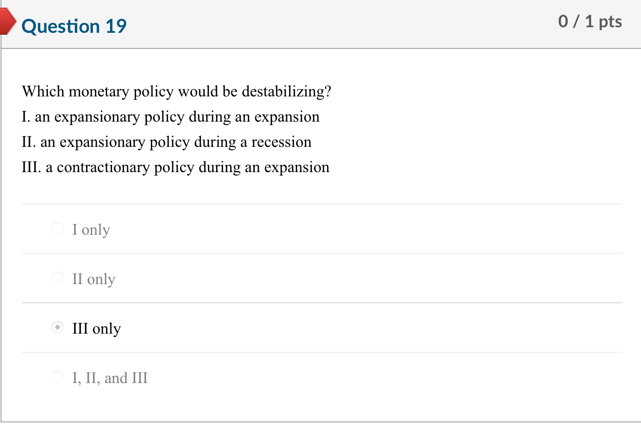 Solved Which monetary policy would be destabilizing? I. an | Chegg.com