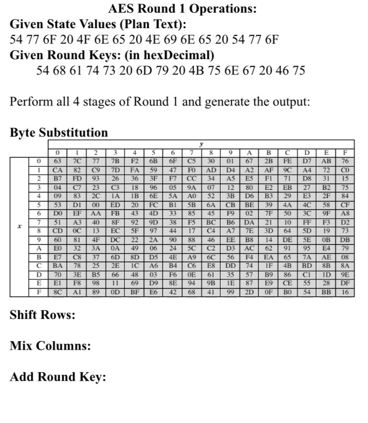 Solved AES Round 1 Operations: Given State Values (Plan | Chegg.com