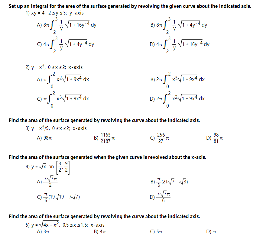 Solved Set up an integral for the area of the surface | Chegg.com