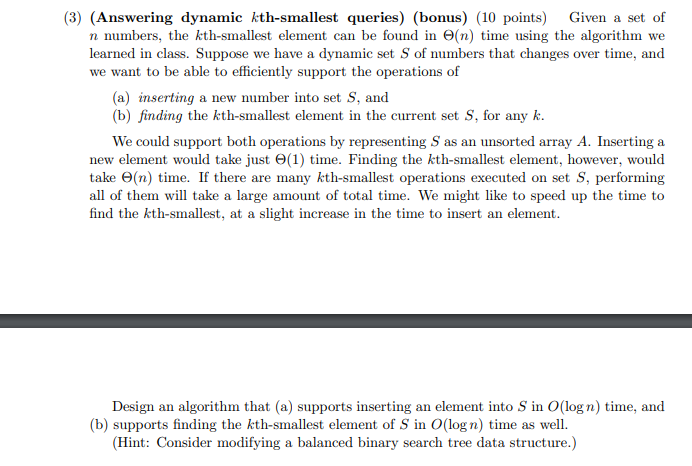 Solved (3) (Answering dynamic kth-smallest queries) (bonus) | Chegg.com