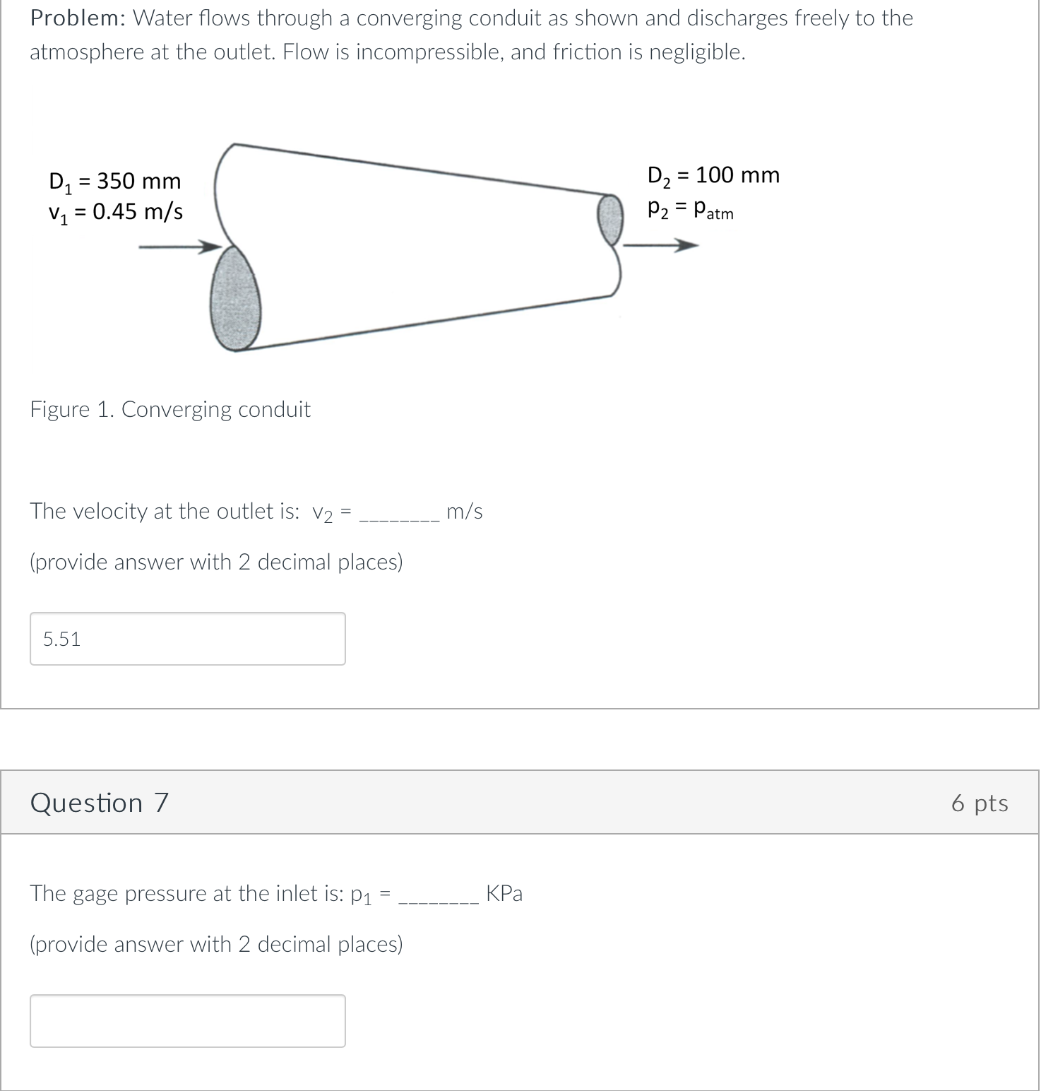 Solved Problem: Water flows through a converging conduit as | Chegg.com