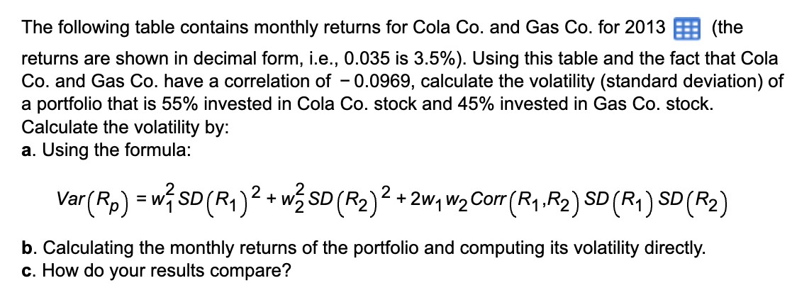 Solved The following table contains monthly returns for Cola | Chegg.com