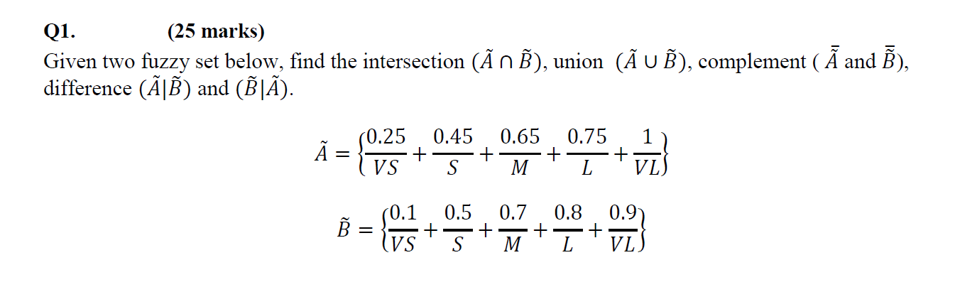 Solved Q1. (25 marks) Given two fuzzy set below, find the | Chegg.com