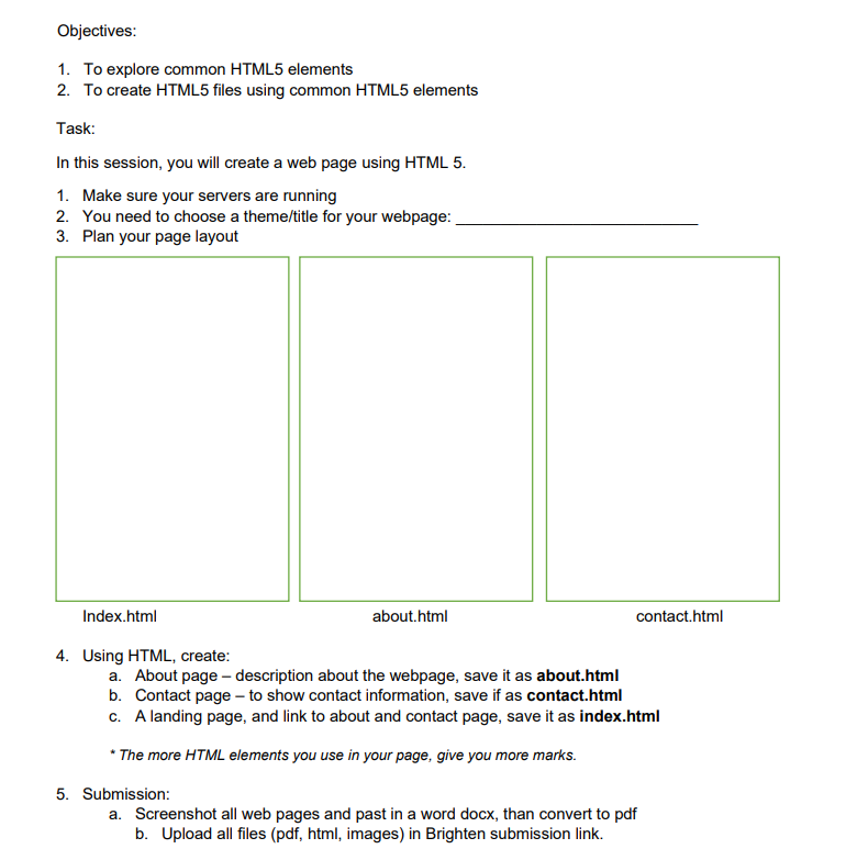 Solved Objectives: 1. To explore common HTML5 elements 2. To | Chegg.com