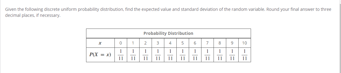 Solved Given the following discrete uniform probability | Chegg.com