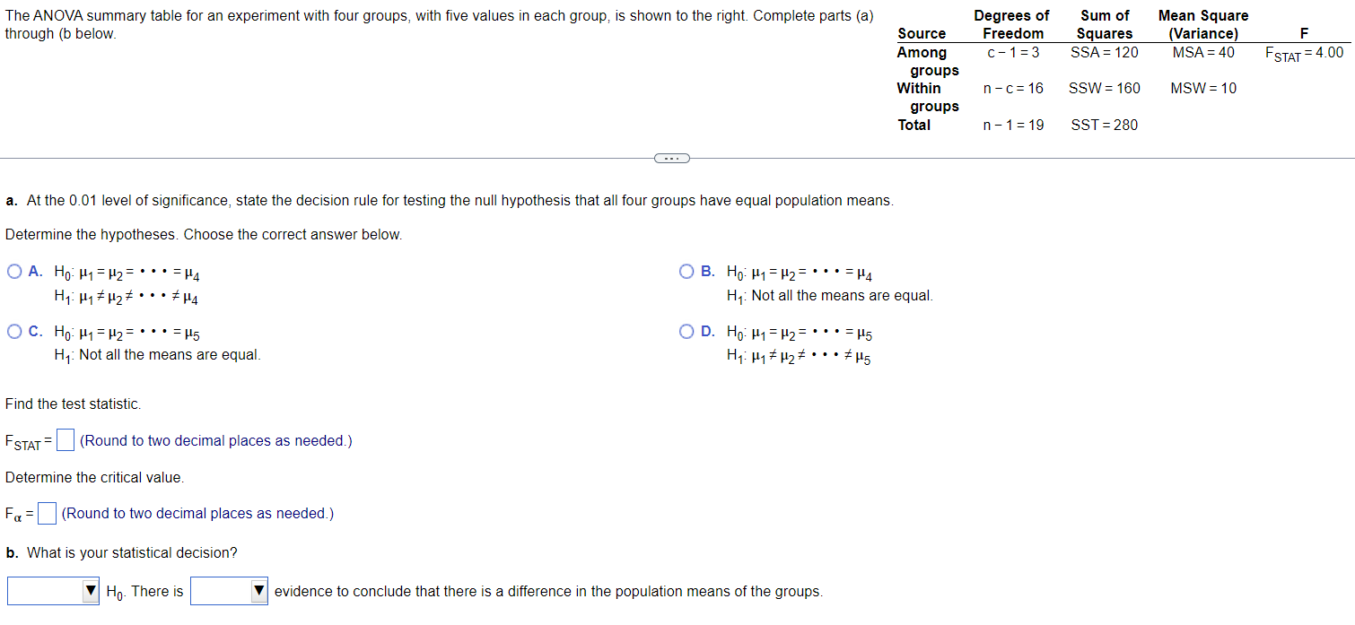 Solved The ANOVA summary table for an experiment with four | Chegg.com