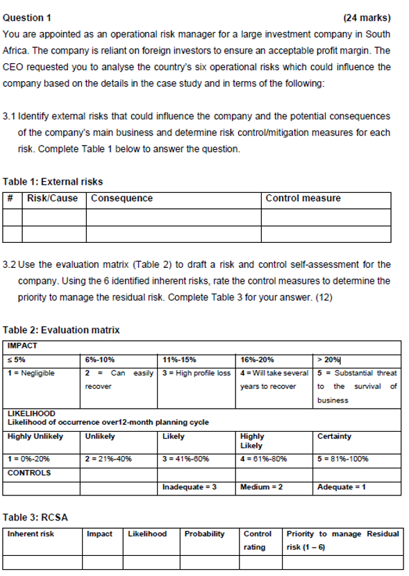 Solved CASE STUDY: RISK MANAGEMENT – ﻿THE ROLE OF A RISK | Chegg.com