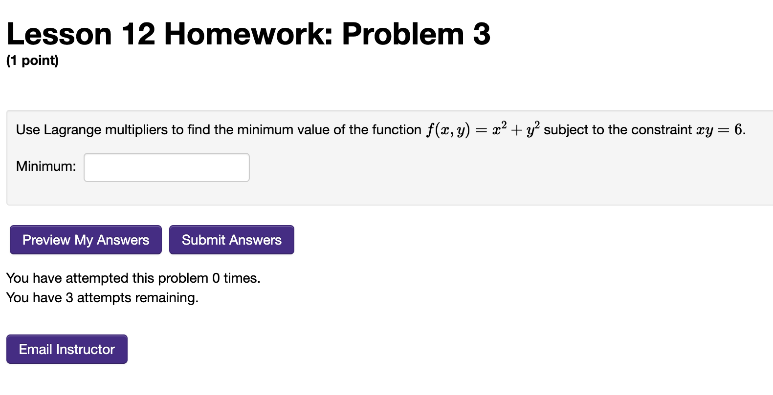 Solved Lesson 12 Homework: Problem 3 (1 point) Use Lagrange | Chegg.com