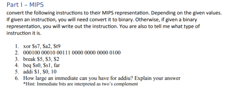 Part I - MIPS convert the following instructions to | Chegg.com