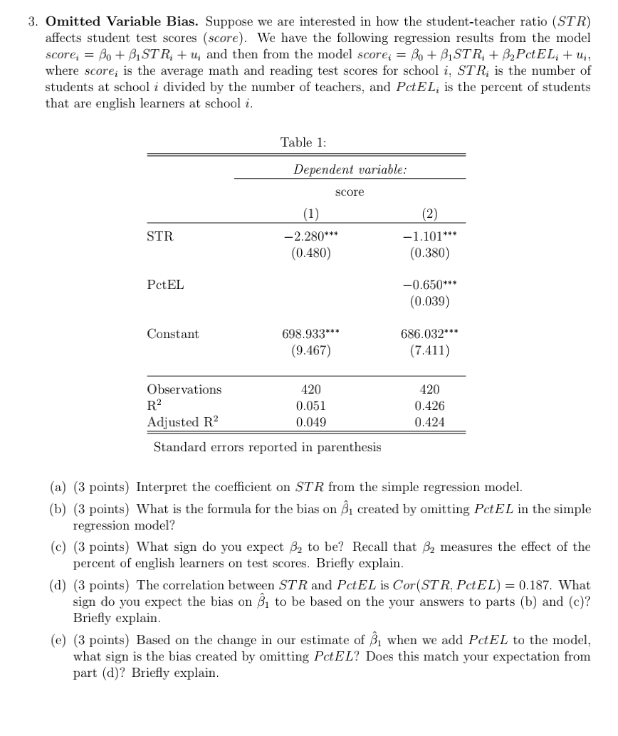 Solved 3. Omitted Variable Bias. Suppose we are interested | Chegg.com