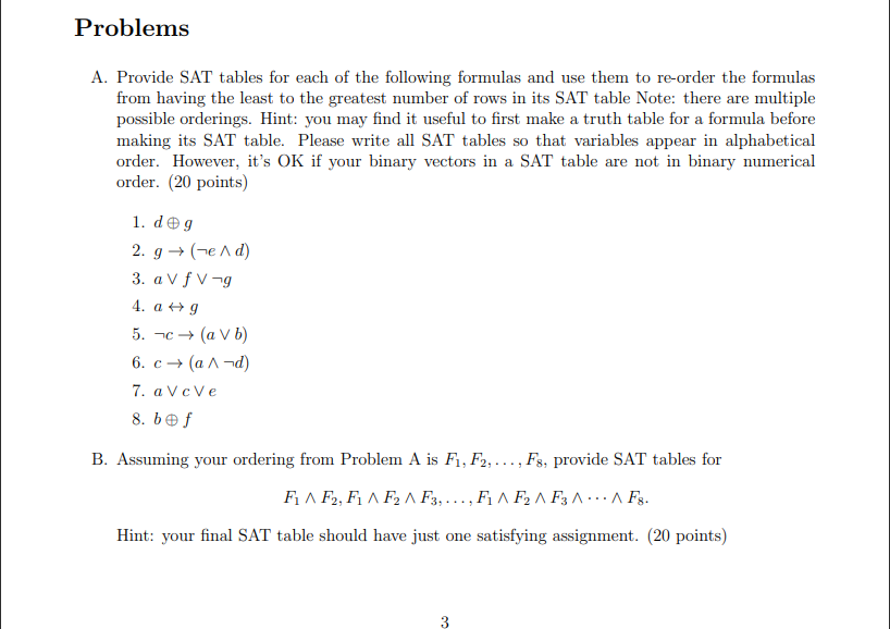 Solved SAT Tables A SAT table for a propositional formula is | Chegg.com