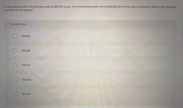Solved A cost-cutting project will decrease costs by $67,100 | Chegg.com