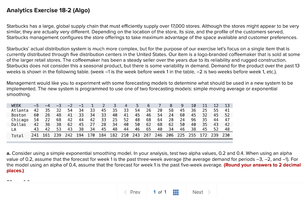 Solved Analytics Exercise 18-2 (Algo) Starbucks has a large, | Chegg.com