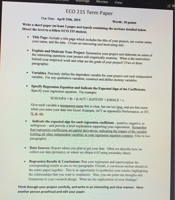 Mallings Review View ECO 215 Term Paper Due Date: | Chegg.com