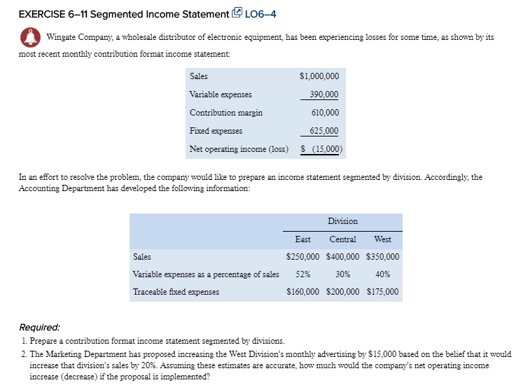 Solved EXERCISE 6-11 Segmented Income Statement LO6-4 | Chegg.com