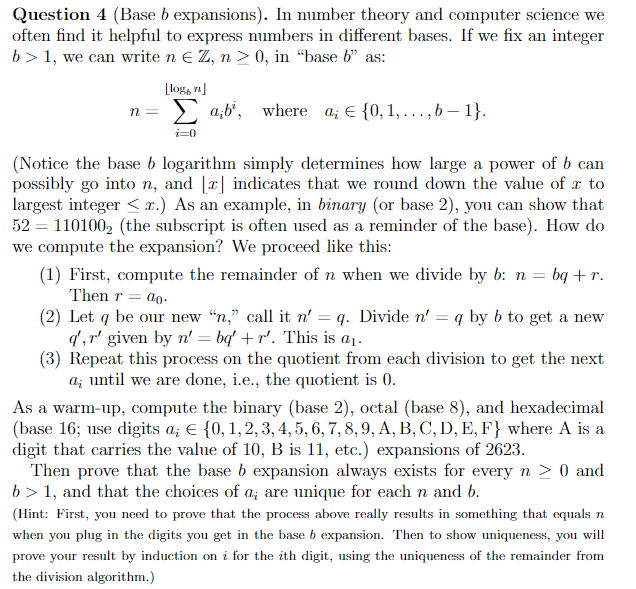 Question 4 (Base b expansions). In number theory and | Chegg.com