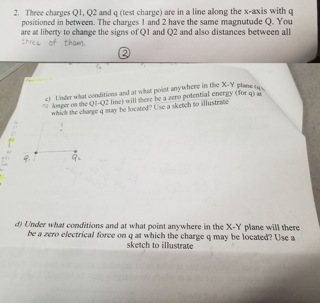 Solved 2. Three charges Q1, Q2 and q (test charge) are in a | Chegg.com