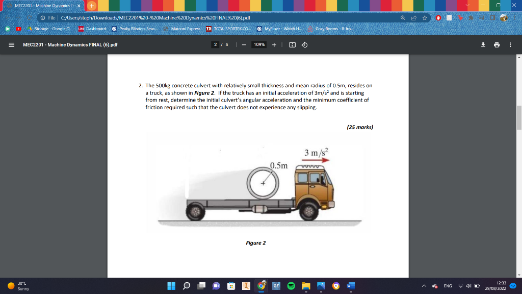 Solved 2. The 500 kg concrete culvert with relatively small | Chegg.com