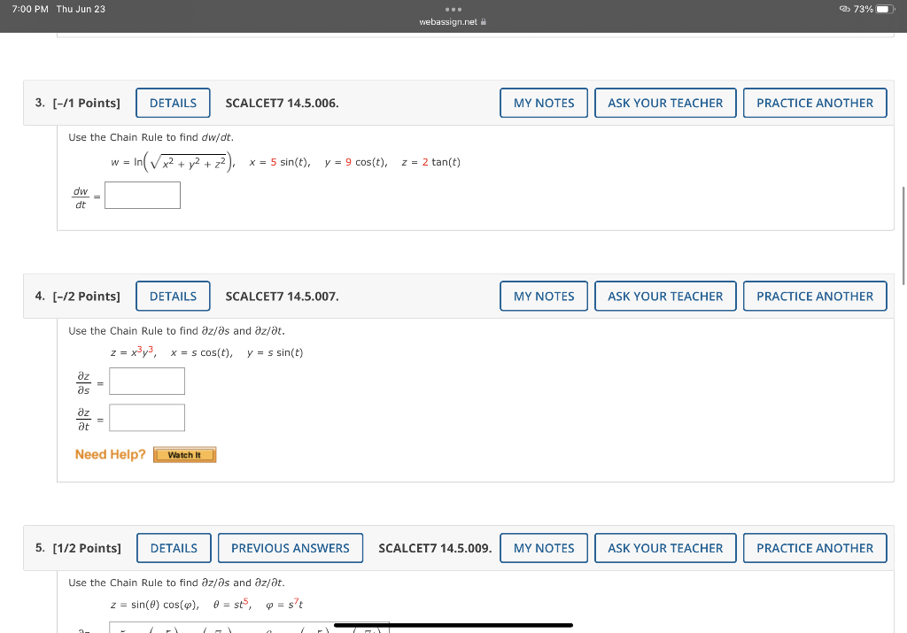 Solved 7:00 PM Thu Jun 23 3. [-/1 Points] dw dt Use the | Chegg.com