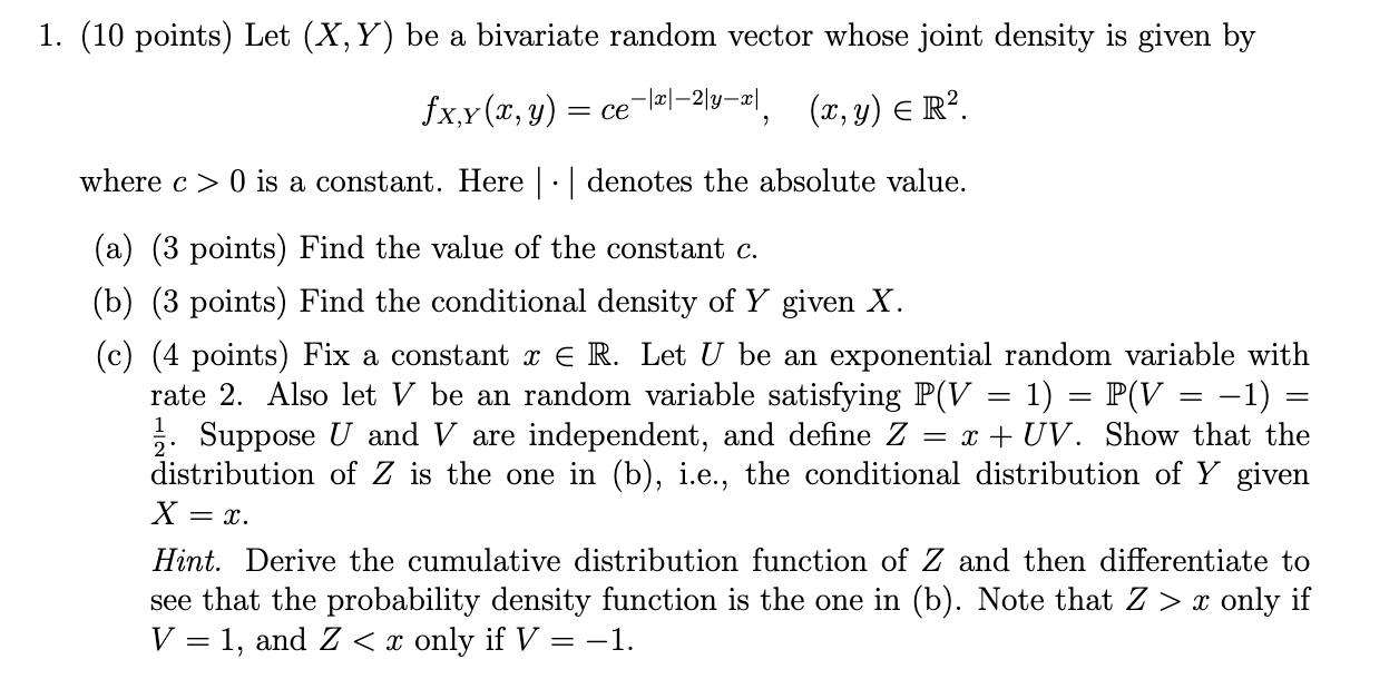 Solved 1. (10 points) Let (X,Y) be a bivariate random vector | Chegg.com