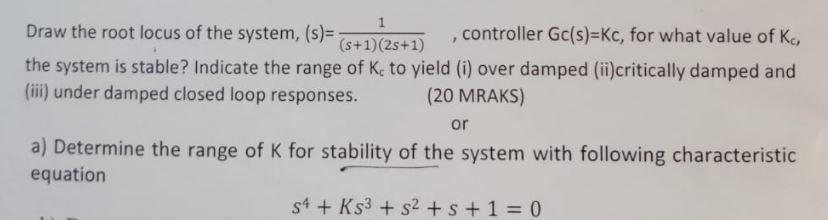Solved Draw the root locus of the system, (s)=(s+1)(2s+1)1, | Chegg.com