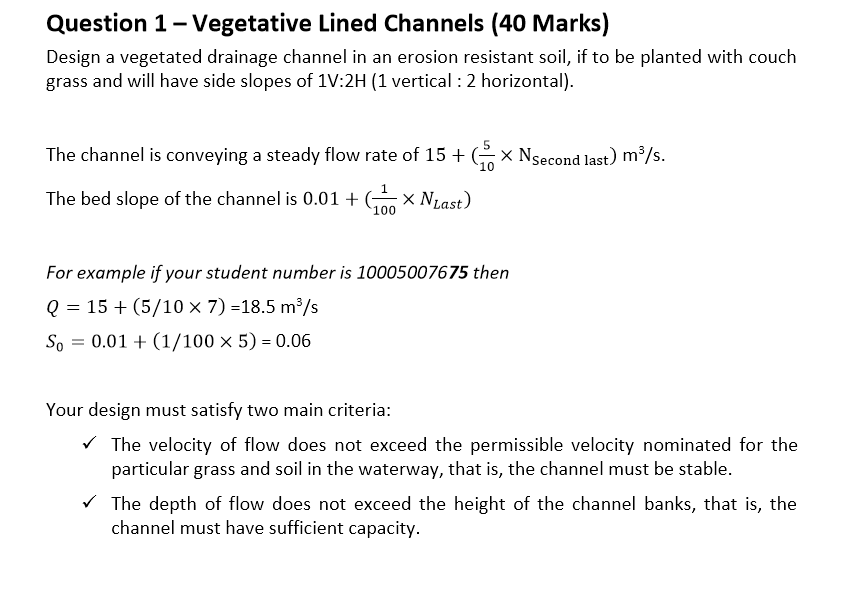 Solved Question 1- Vegetative Lined Channels (40 Marks) | Chegg.com