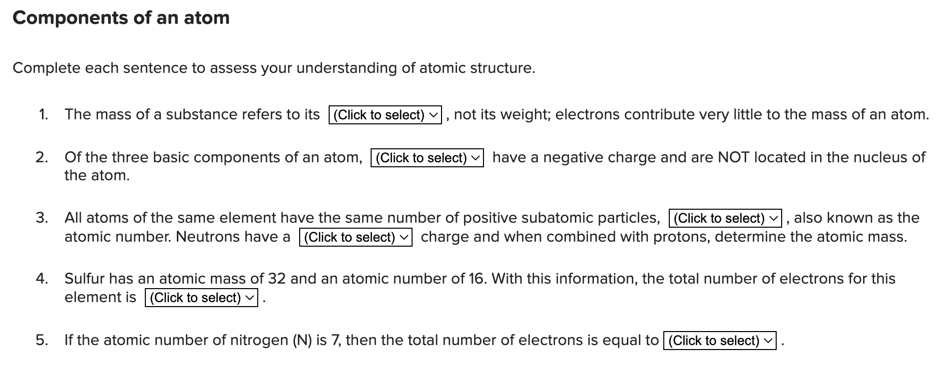 Solved Components of an atom Complete each sentence to | Chegg.com