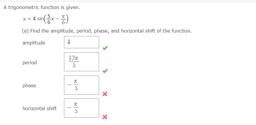 Solved A trigonometric function is given. y=4sin(65x−6π) (a) | Chegg.com