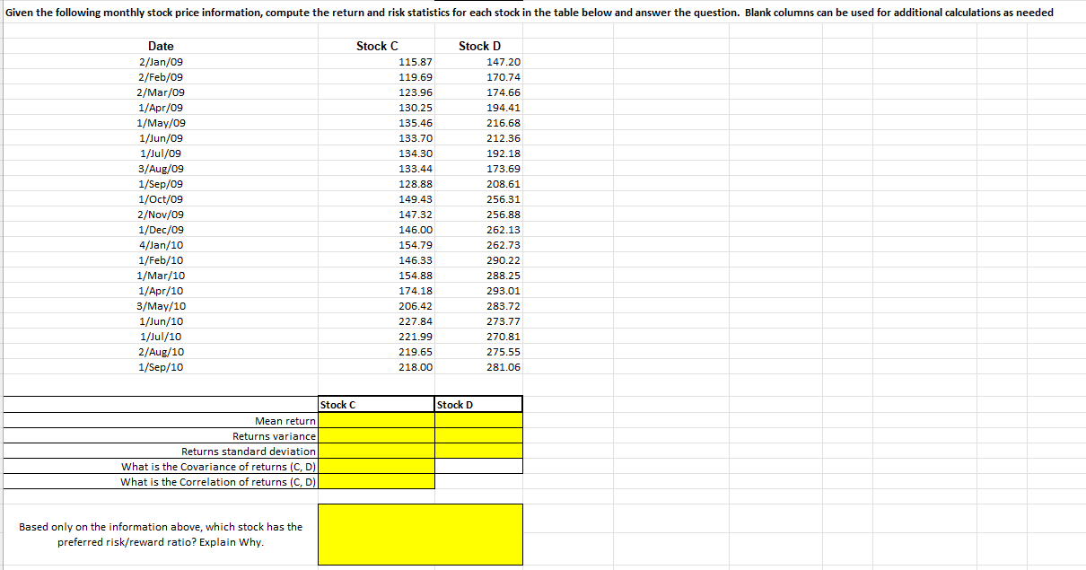 Solved \begin{tabular}{|r|l|l|} \hline & Stock C & Stock D | Chegg.com