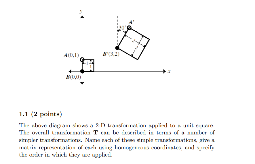 Solved A' 30 A(0,1) B'(3,2) х B(0,0) 1.1 (2 points) The | Chegg.com