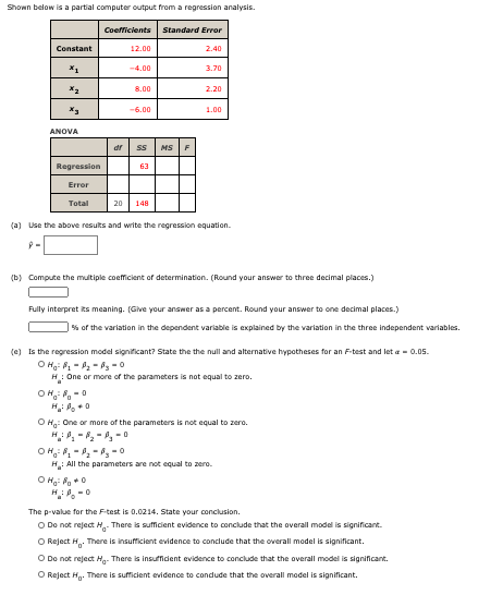 Solved Shown below is a partial computer output from a | Chegg.com