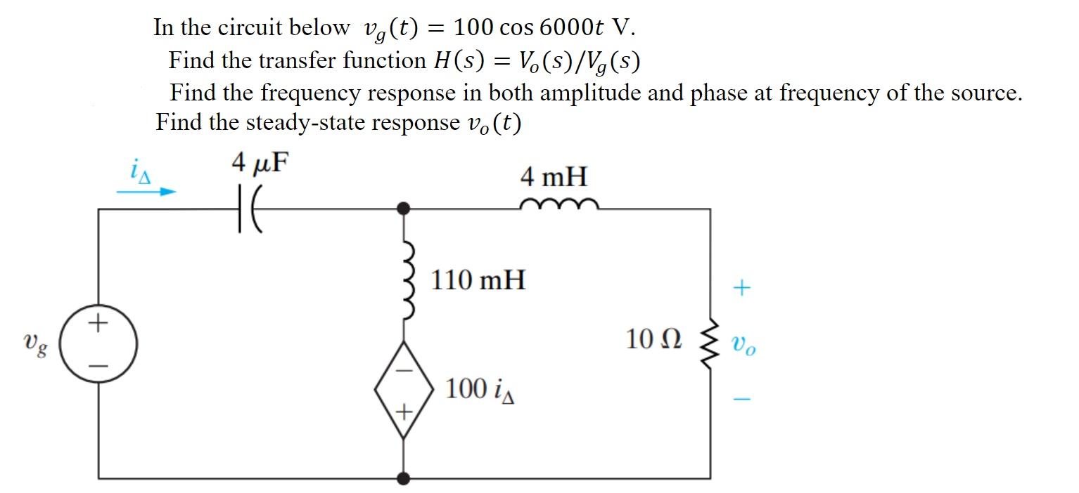 Solved = In the circuit below vg(t) = 100 cos 6000t V. Find | Chegg.com
