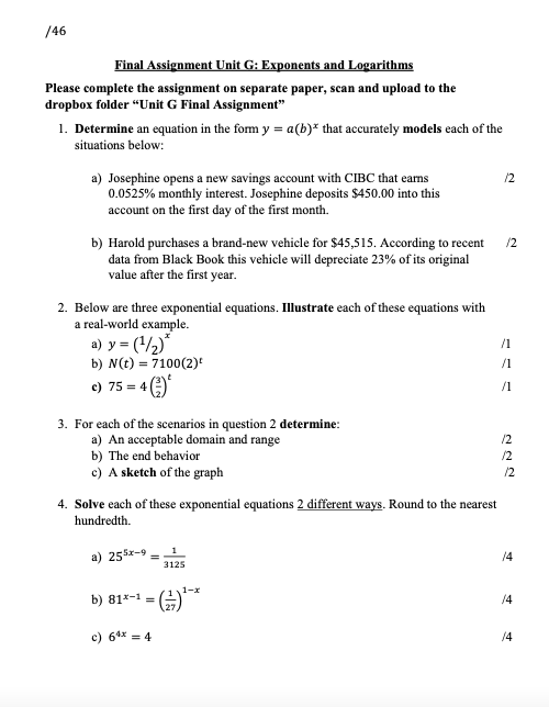 Solved Final Assignment Unit G: Exponents and Logarithms | Chegg.com