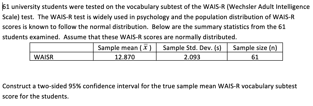 Solved 61 university students were tested on the vocabulary | Chegg.com