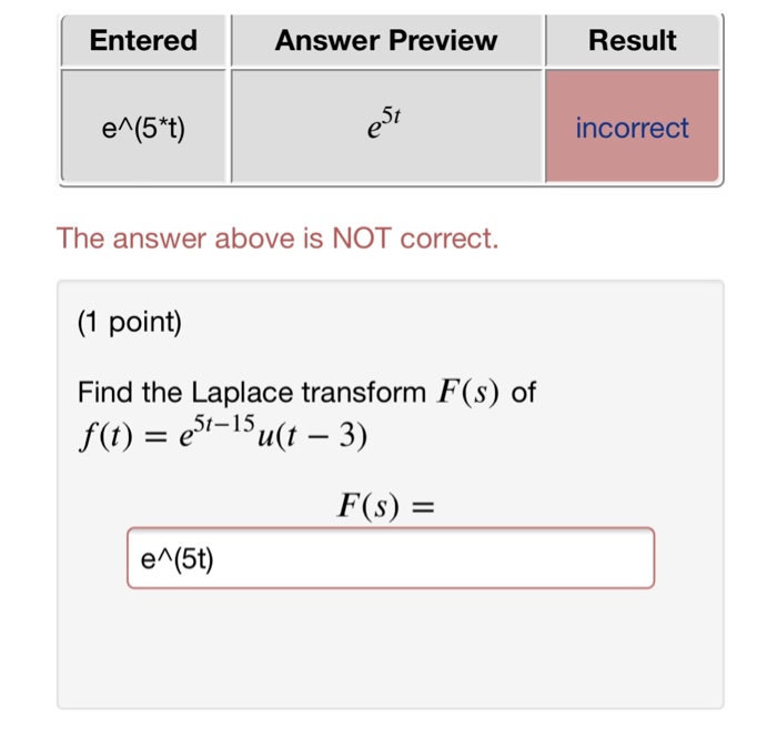 Solved Entered Answer Preview Result 5t incorrect e (5*t) | Chegg.com