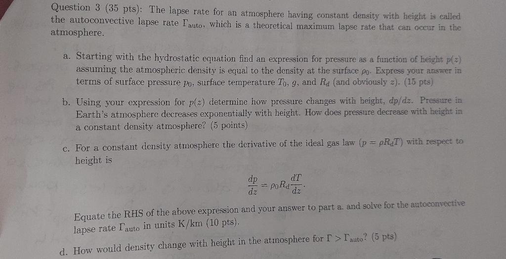 Solved Question 3(35pts) : The lapse rate for an atmosphere | Chegg.com