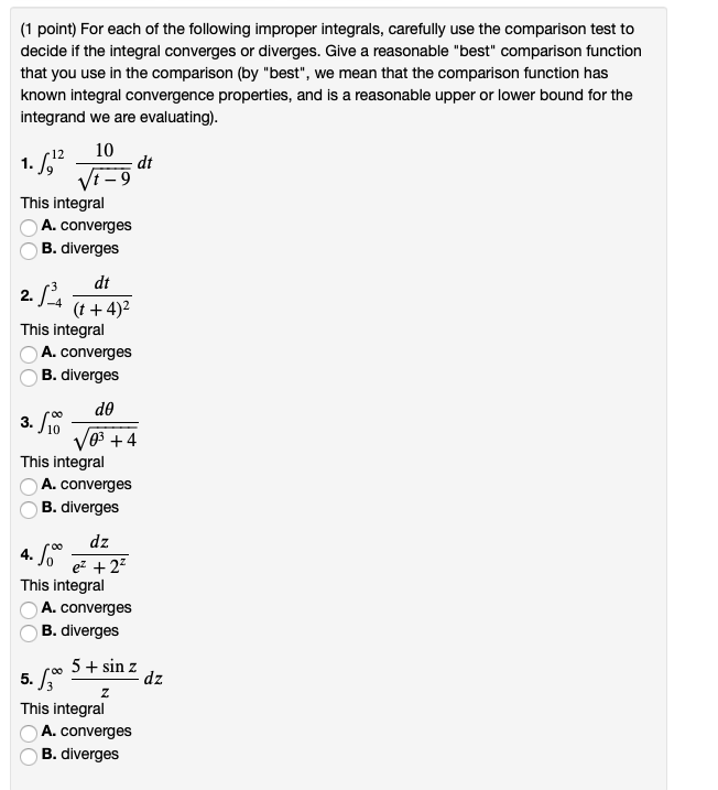 Solved (1 point) For each of the following improper | Chegg.com