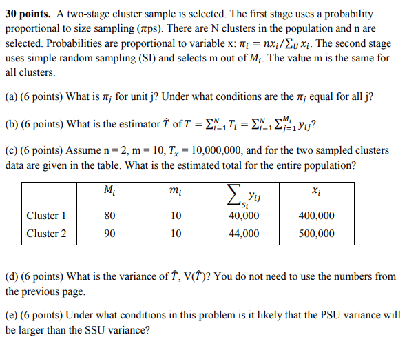 Solved 30 points. A two-stage cluster sample is selected. | Chegg.com