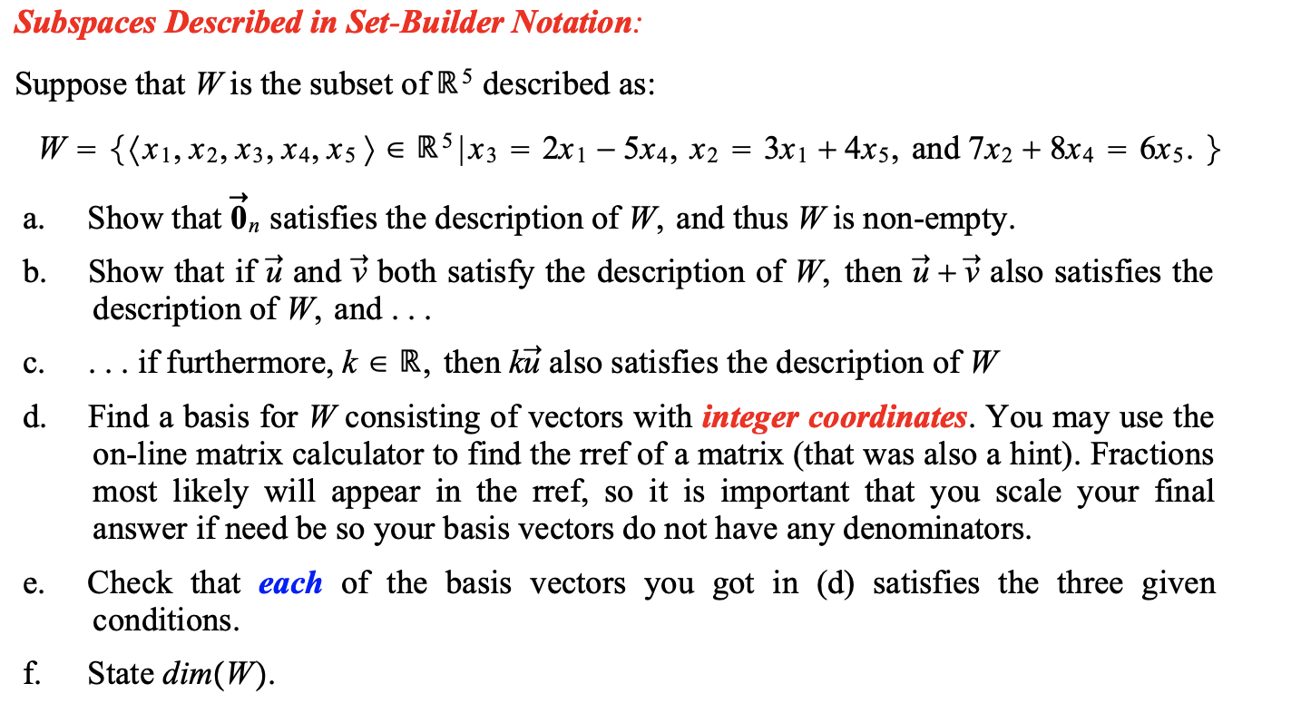 Solved Subspaces Described in Set-Builder Notation: Suppose | Chegg.com