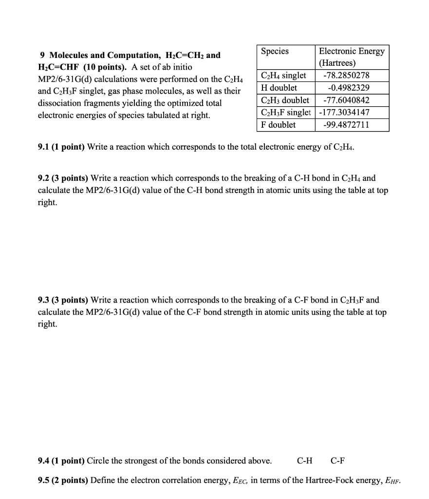 Solved 9 Molecules and Computation, H2C=CH2 and H2C=CHF (10 | Chegg.com