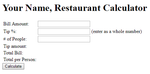 Solved Create a Restaurant Calculator create a Web page | Chegg.com