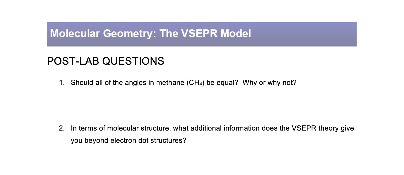 Solved Molecular Geometry: The VSEPR Model POST-LAB | Chegg.com