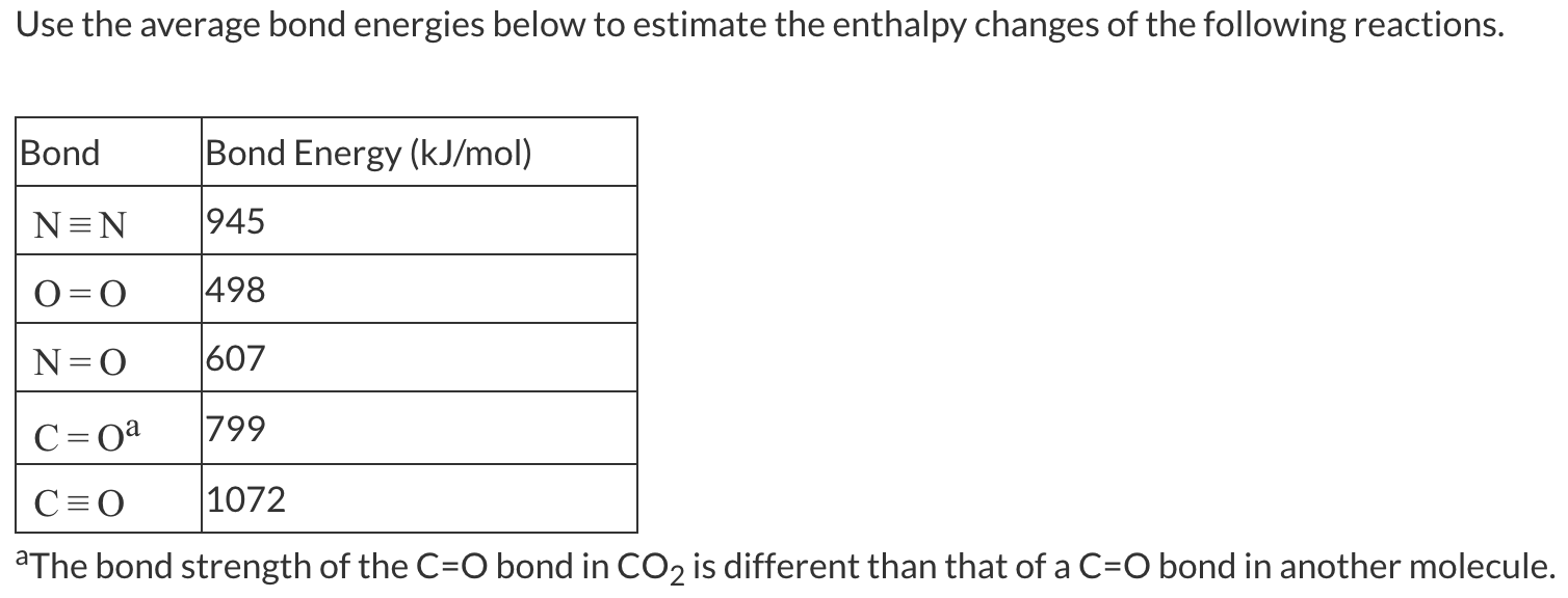 Solved Use the average bond energies below to estimate the | Chegg.com