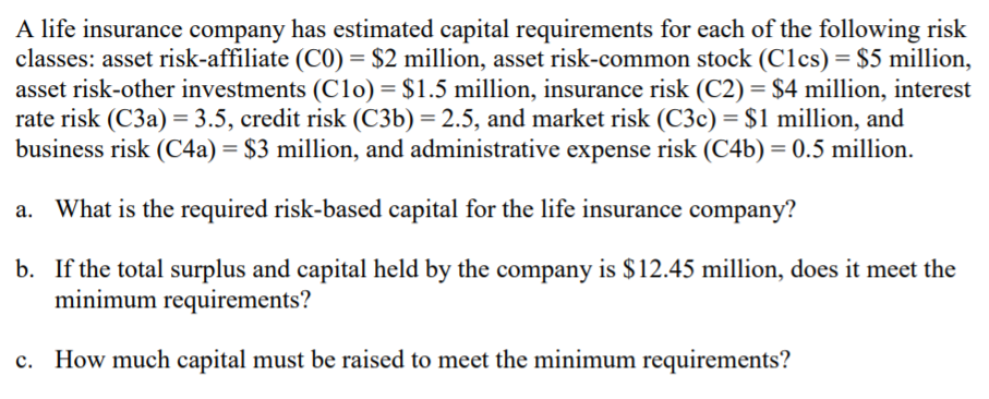 Solved A life insurance company has estimated capital | Chegg.com