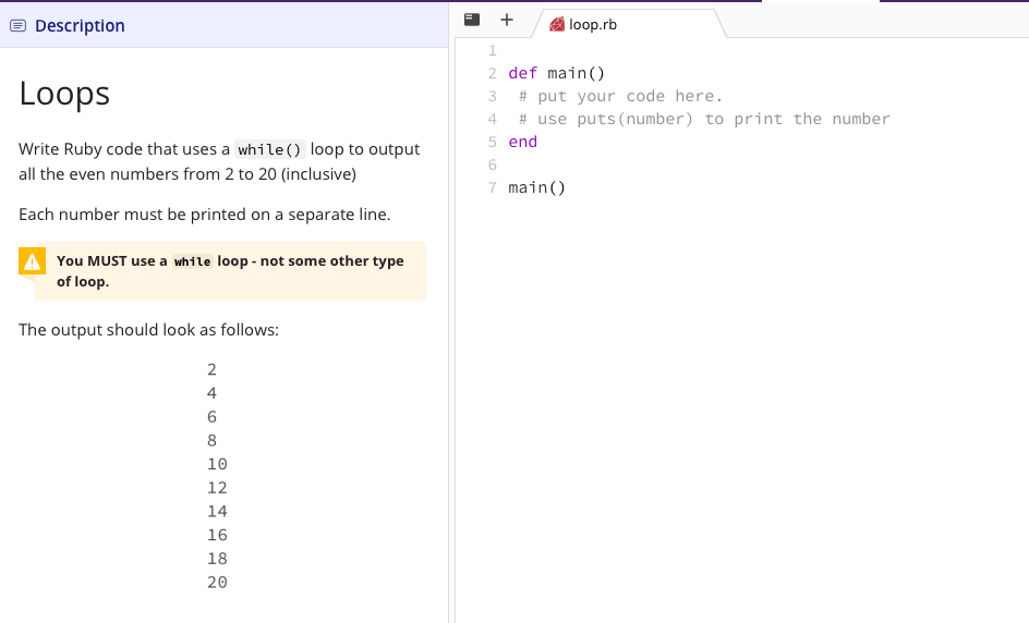 Solved Description w NP Loops + | loop.rb 1 2 def main() 3 # | Chegg.com