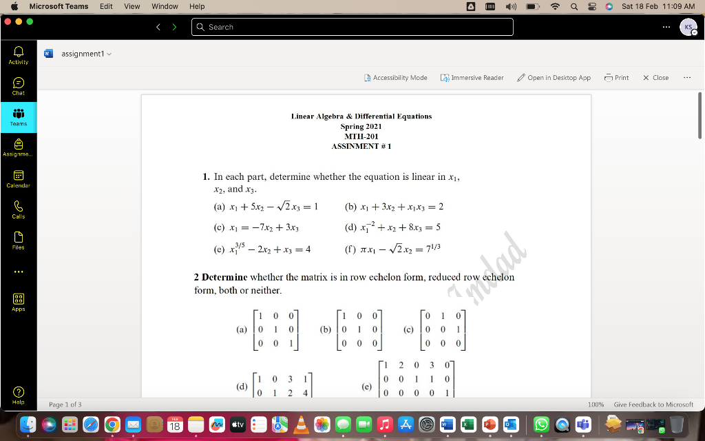 Solved Linear Algebra \& Differential Equations Spring 2021 | Chegg.com
