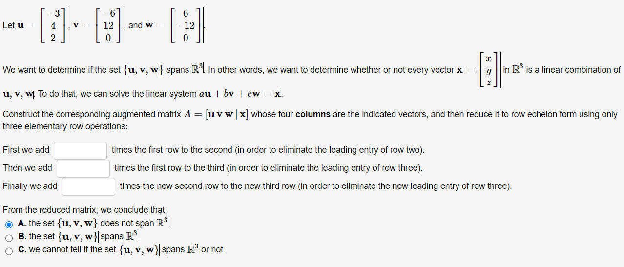 Solved Let u=⎣⎡−342⎦⎤∣∣v=⎣⎡−6120⎦⎤∣∣, and w=⎣⎡6−120⎦⎤∣ We | Chegg.com