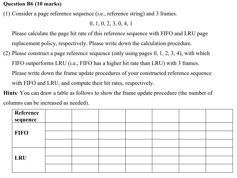 Solved Question B6 (10 marks) (1) Consider a page reference | Chegg.com