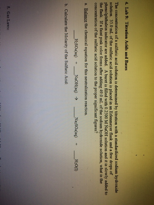 Solved 4. Lab 9: Titration Acids and Bases The concentration | Chegg.com