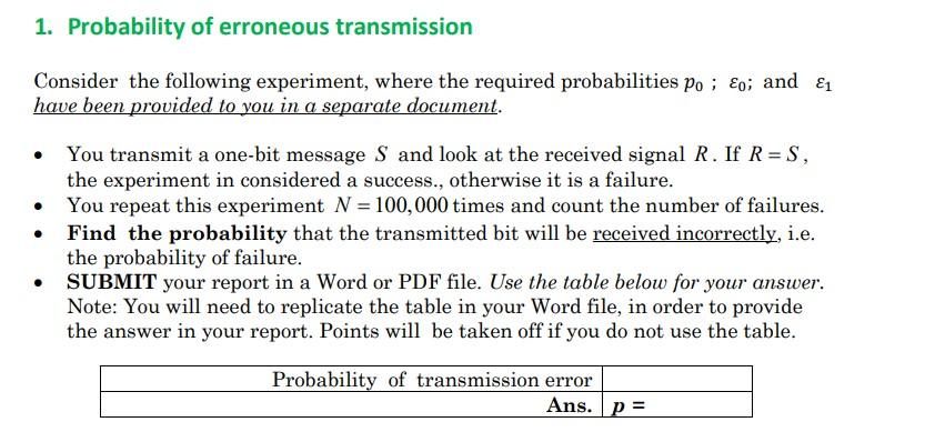 Solved 1. Probability of erroneous transmission Consider the | Chegg.com